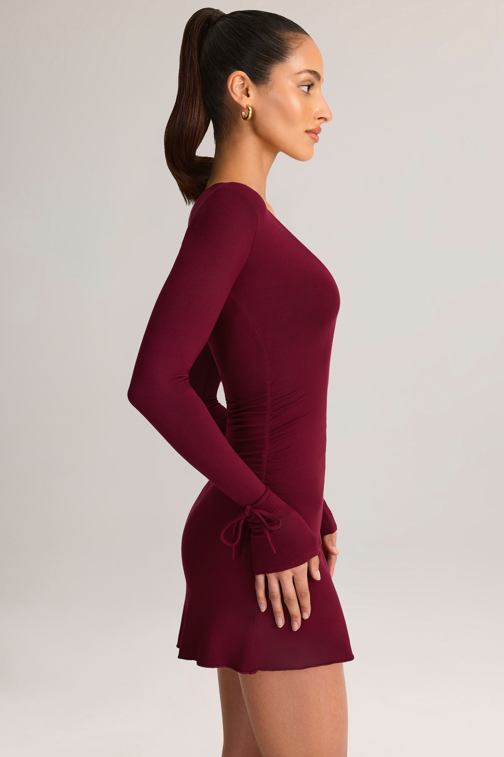 Iskra Modal Long-Sleeve A-Line Mini Dress in Wine | Oh Polly