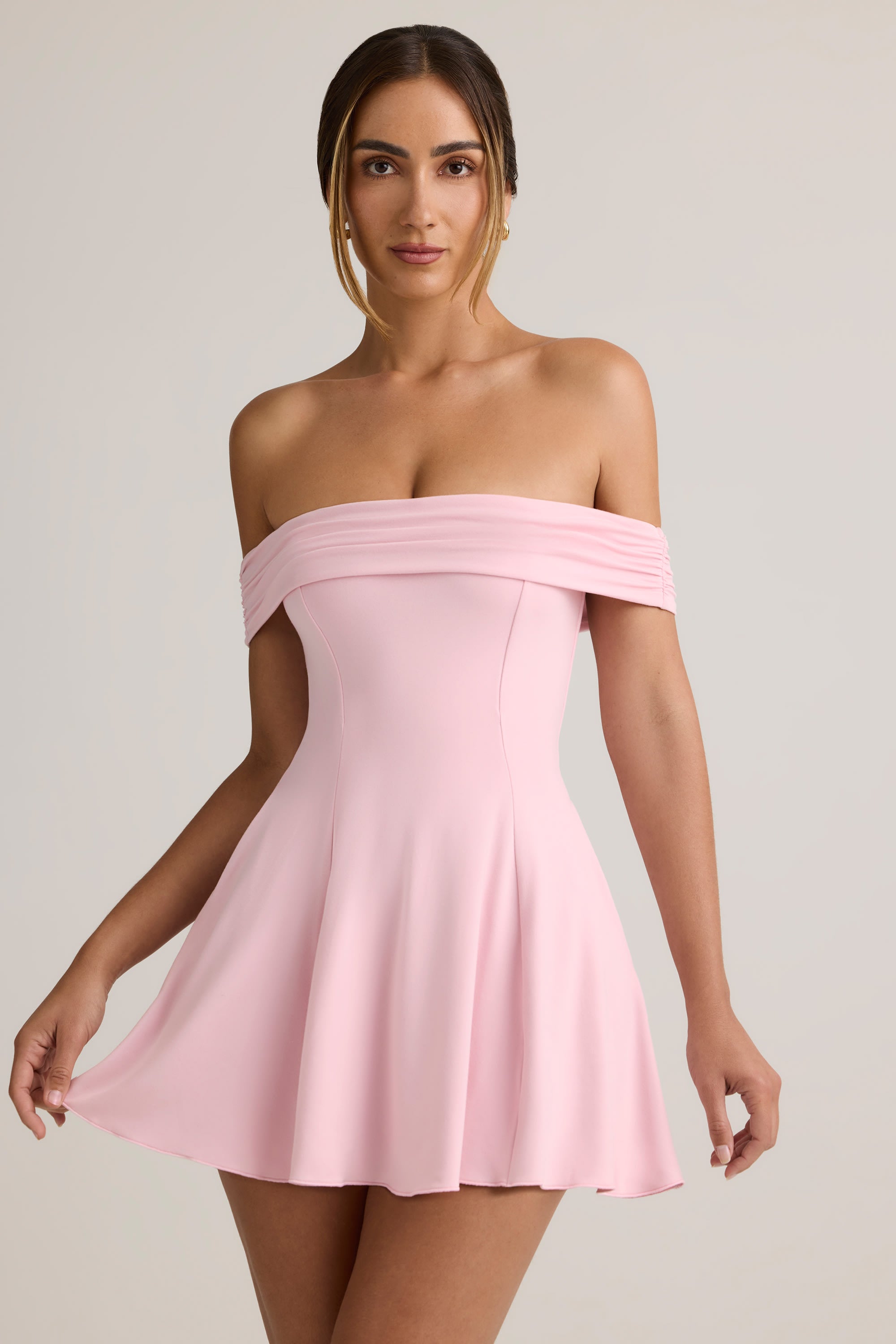 Jaida Modal Off-Shoulder A-Line Mini Dress in Baby Pink | Oh Polly