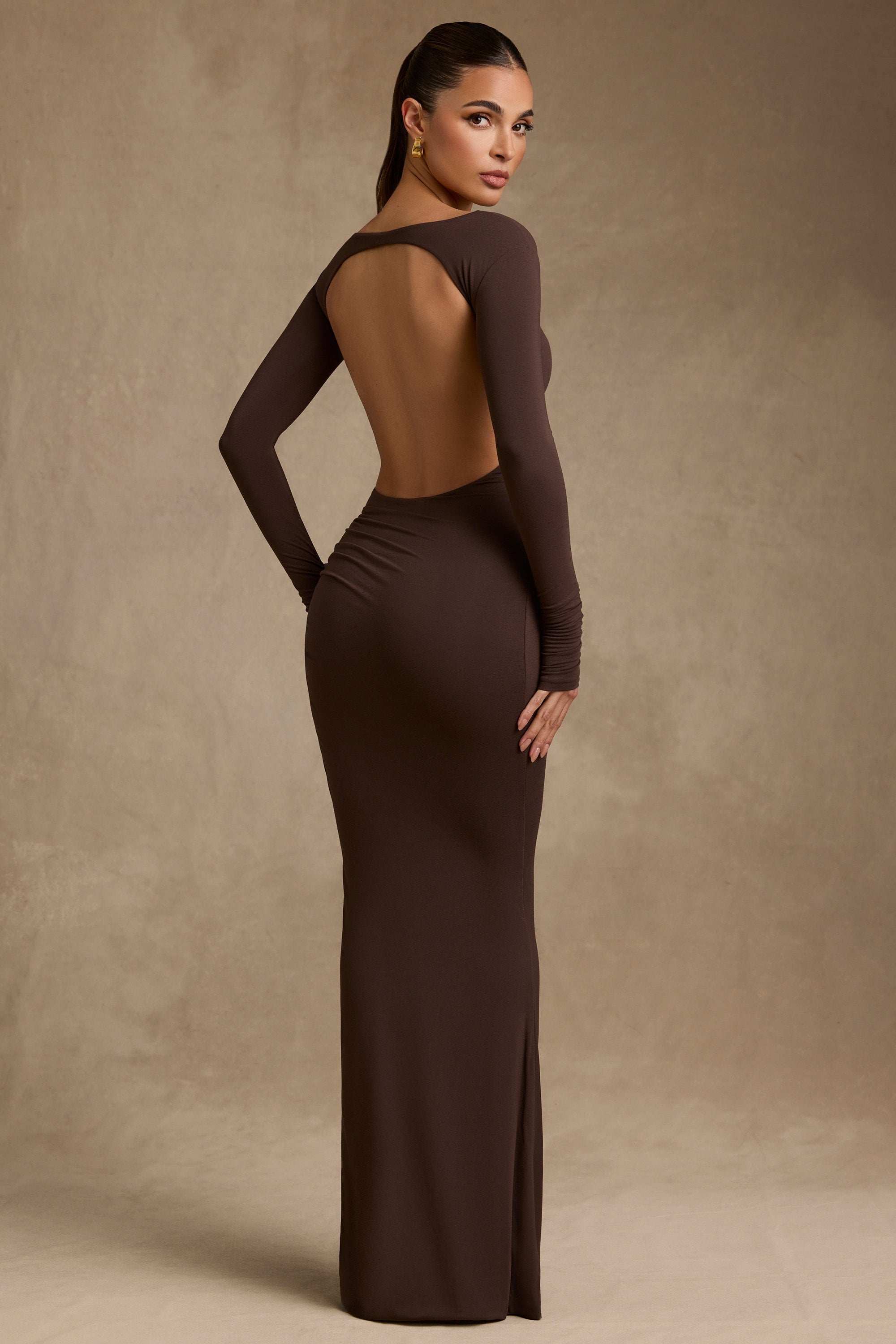 Regine Modal Ruched Backless Maxi Dress in Chocolate Brown | Oh Polly