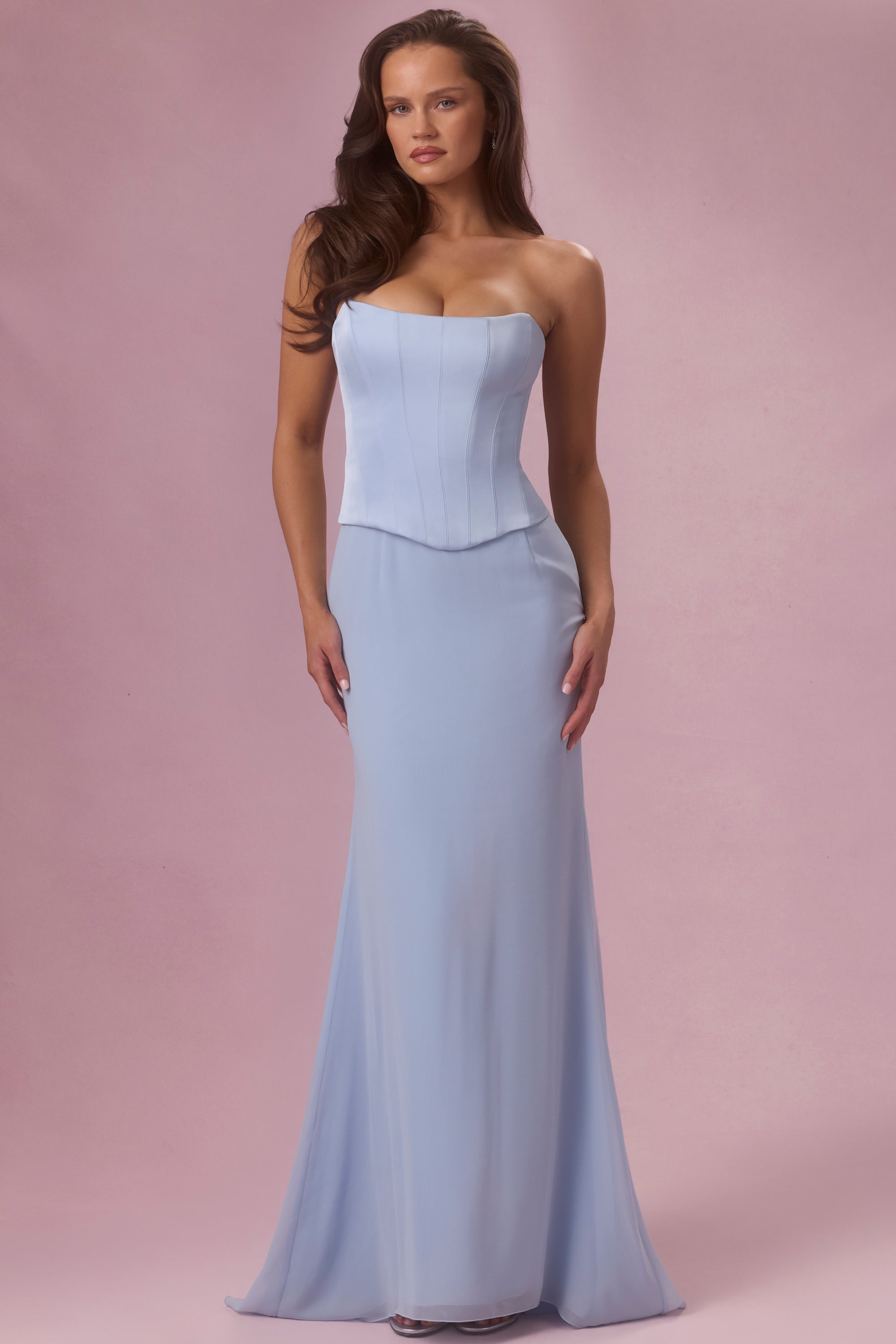 Avielle Premium Satin Strapless Corset Gown in Powder Blue | Oh Polly