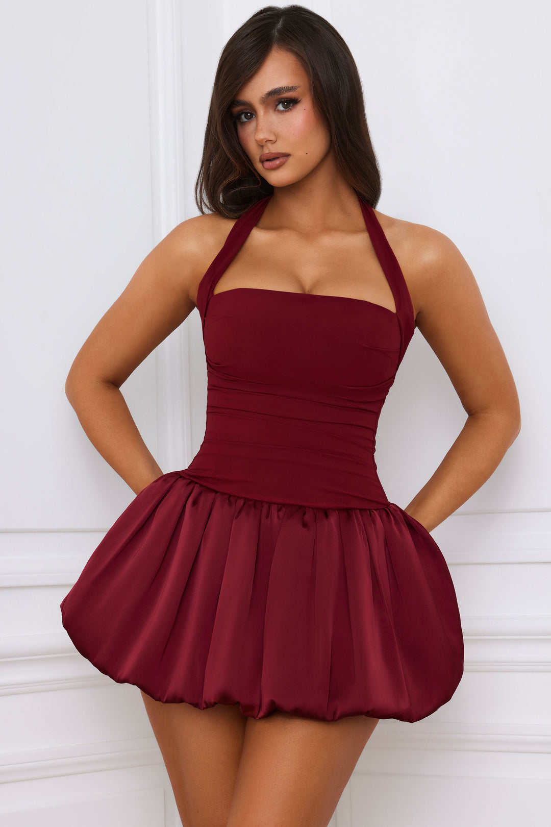 Ludmila Halterneck Lace-Up Bubble Hem Corset Micro Mini Dress in Berry ...