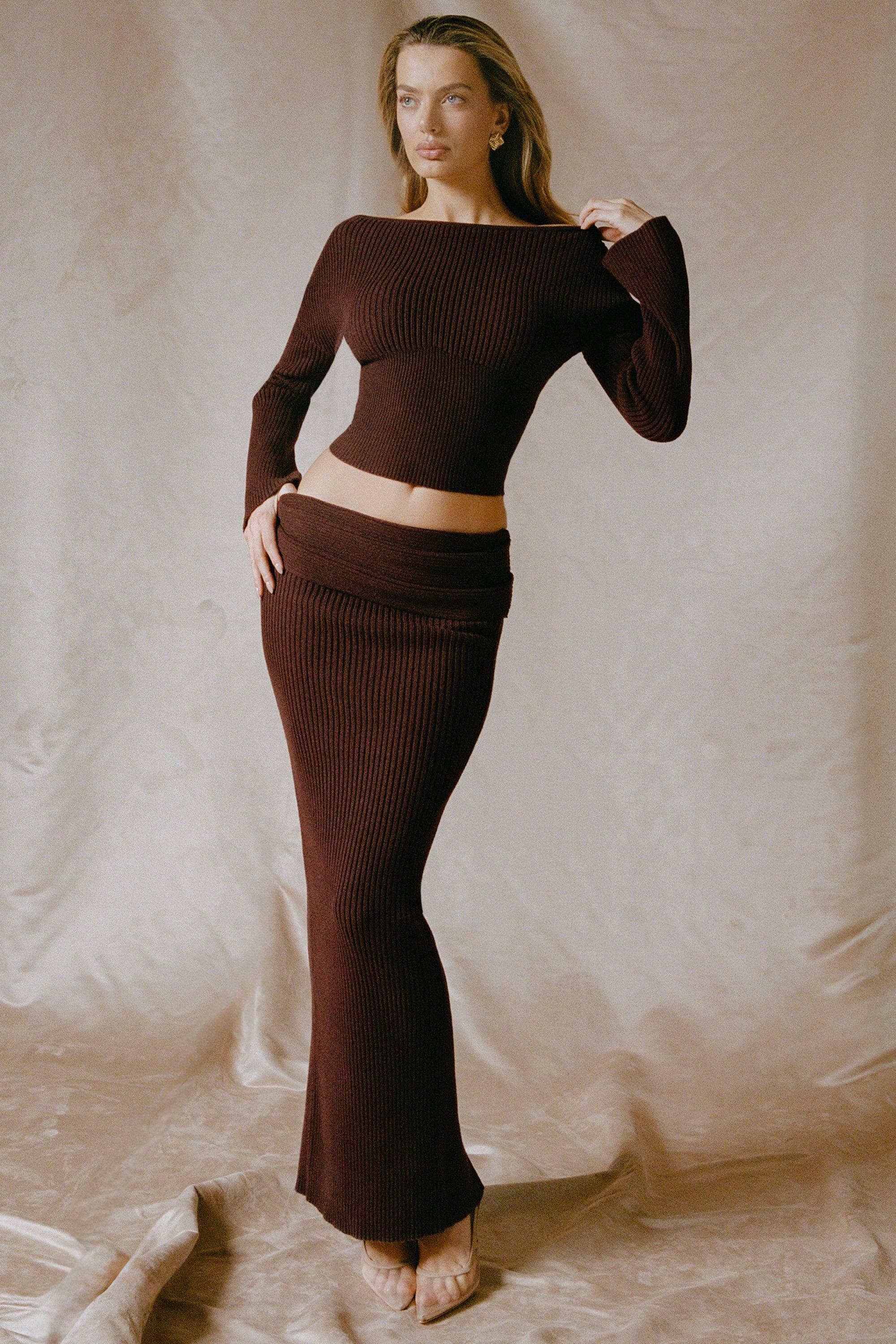 Edalene Ribbed-Knit Foldover Maxi Skirt in Espresso | Oh Polly