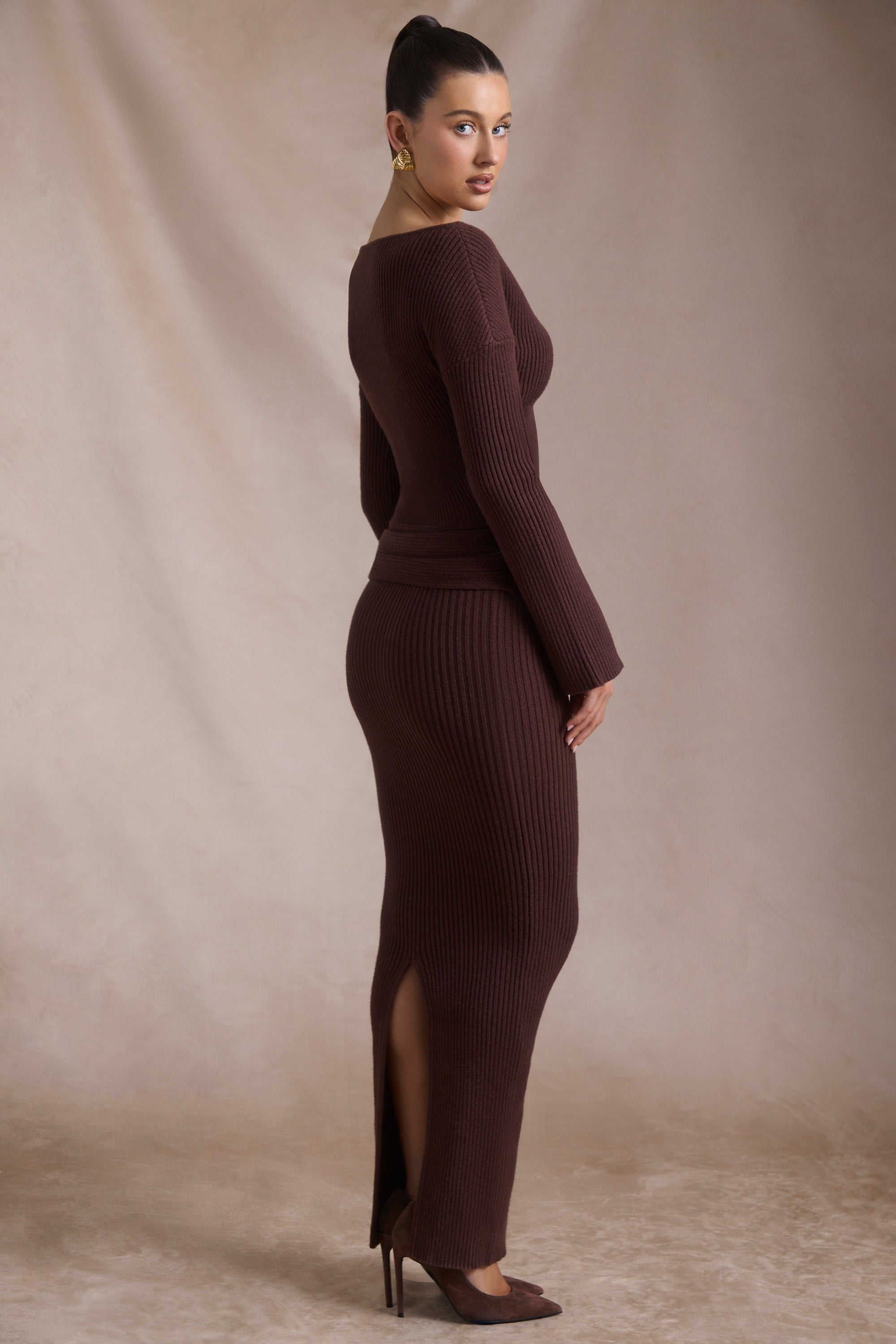 Edalene Ribbed-Knit Foldover Maxi Skirt in Espresso | Oh Polly