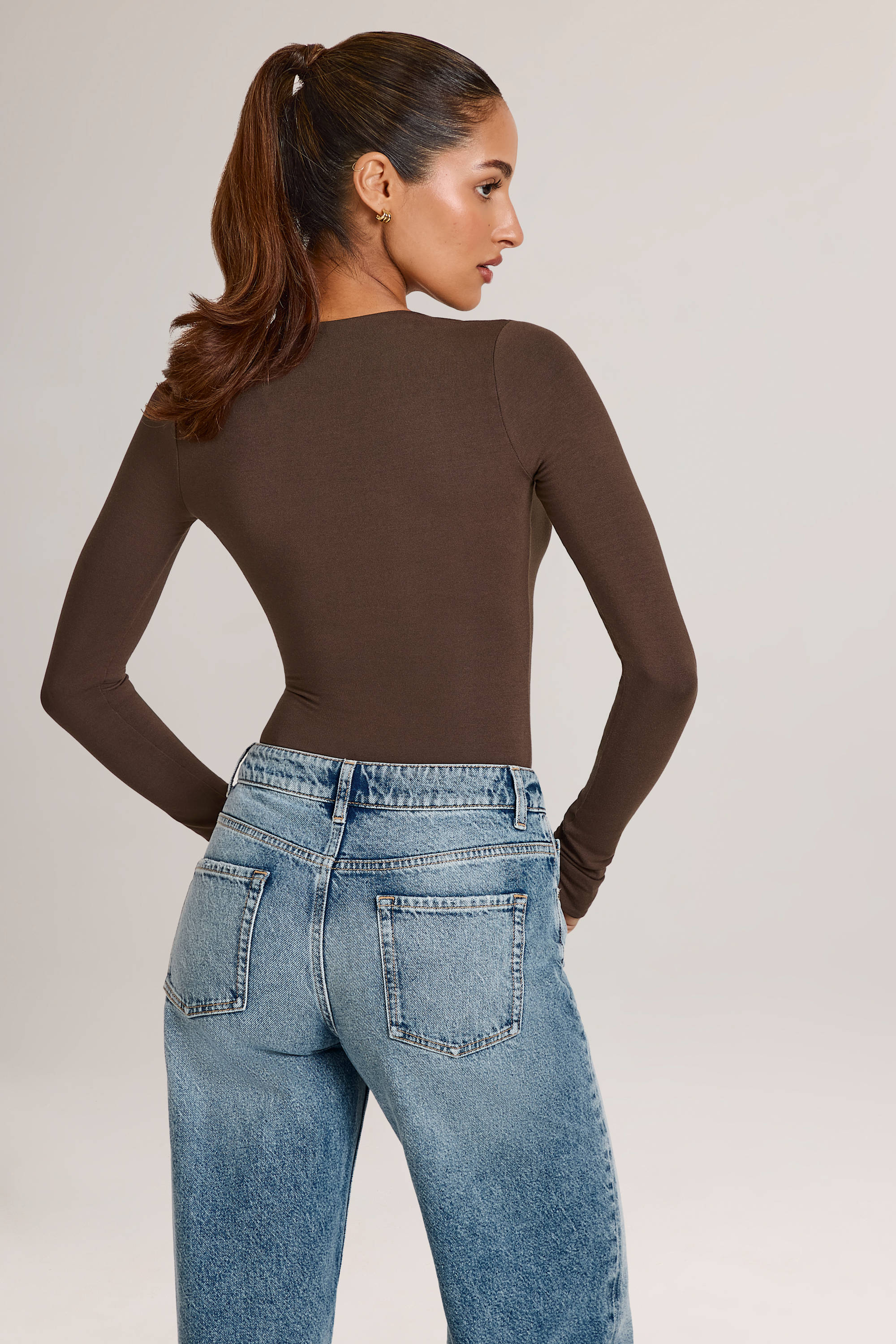 Elodie Modal Plunge Long-Sleeve Bodysuit in Chocolate Brown | Oh Polly