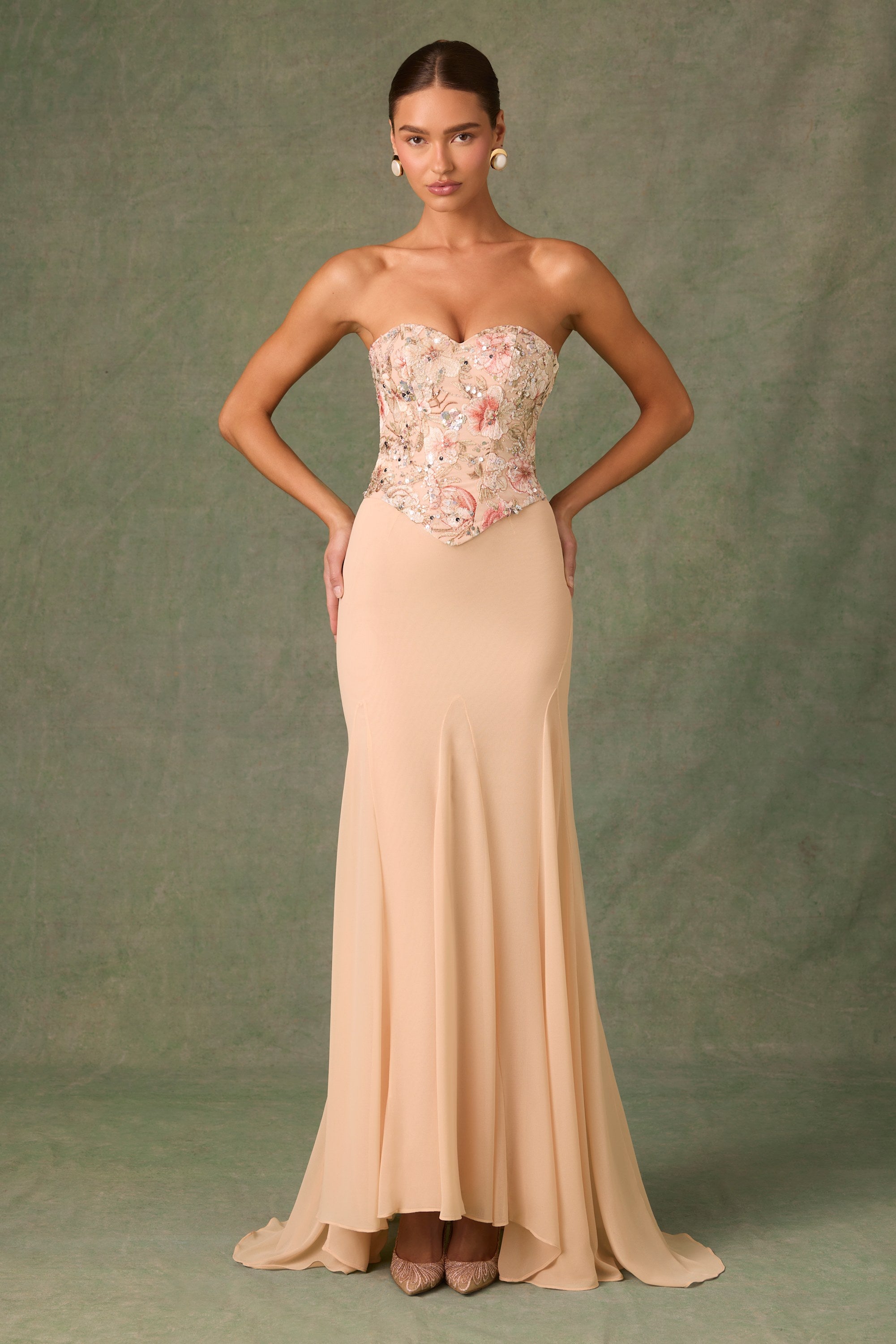 Lysana Embellished Corset Fishtail Gown in Floral Beige | Oh Polly