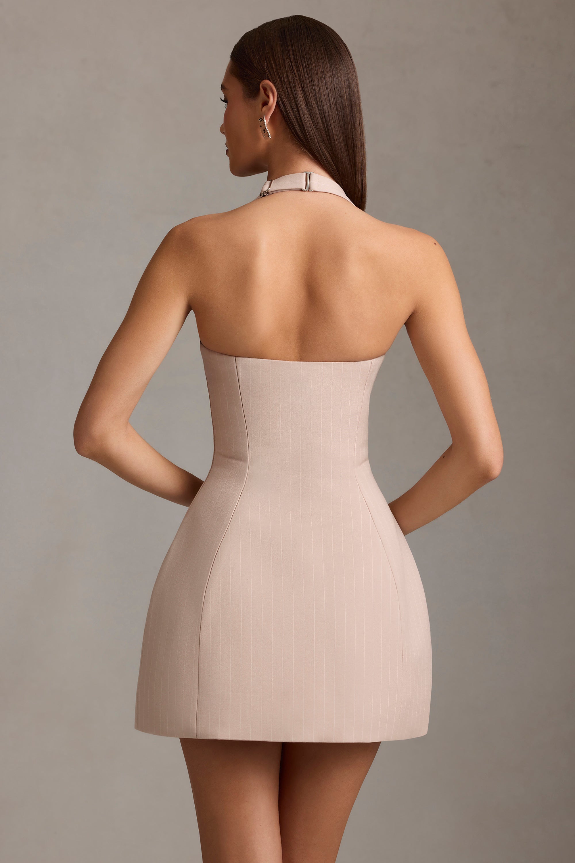 Odessa Pinstripe Halterneck Structured A-Line Mini Dress in Mushroom ...