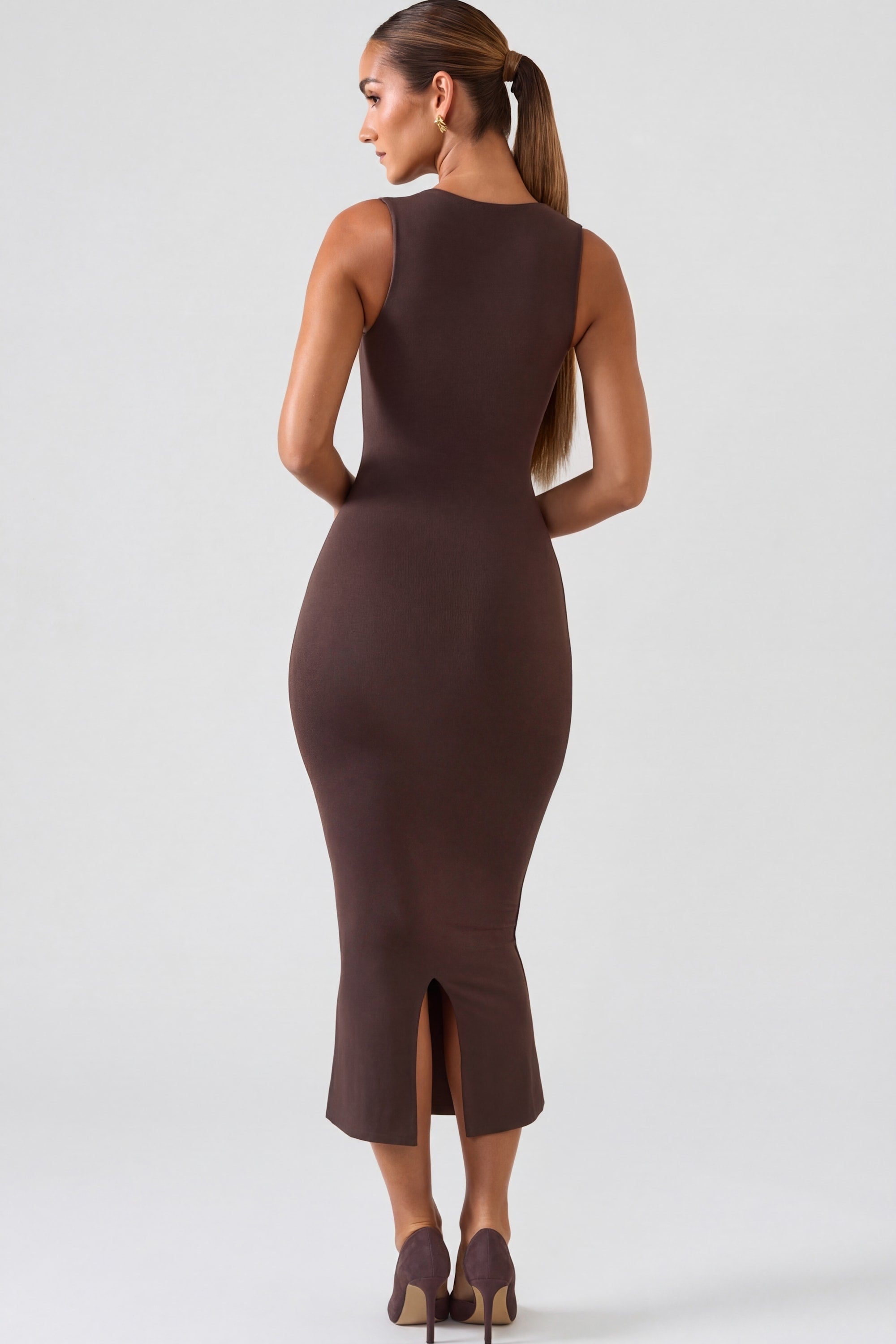 Ainslee Modal Square-Neck Midi Dress in Chocolate Brown | Oh Polly