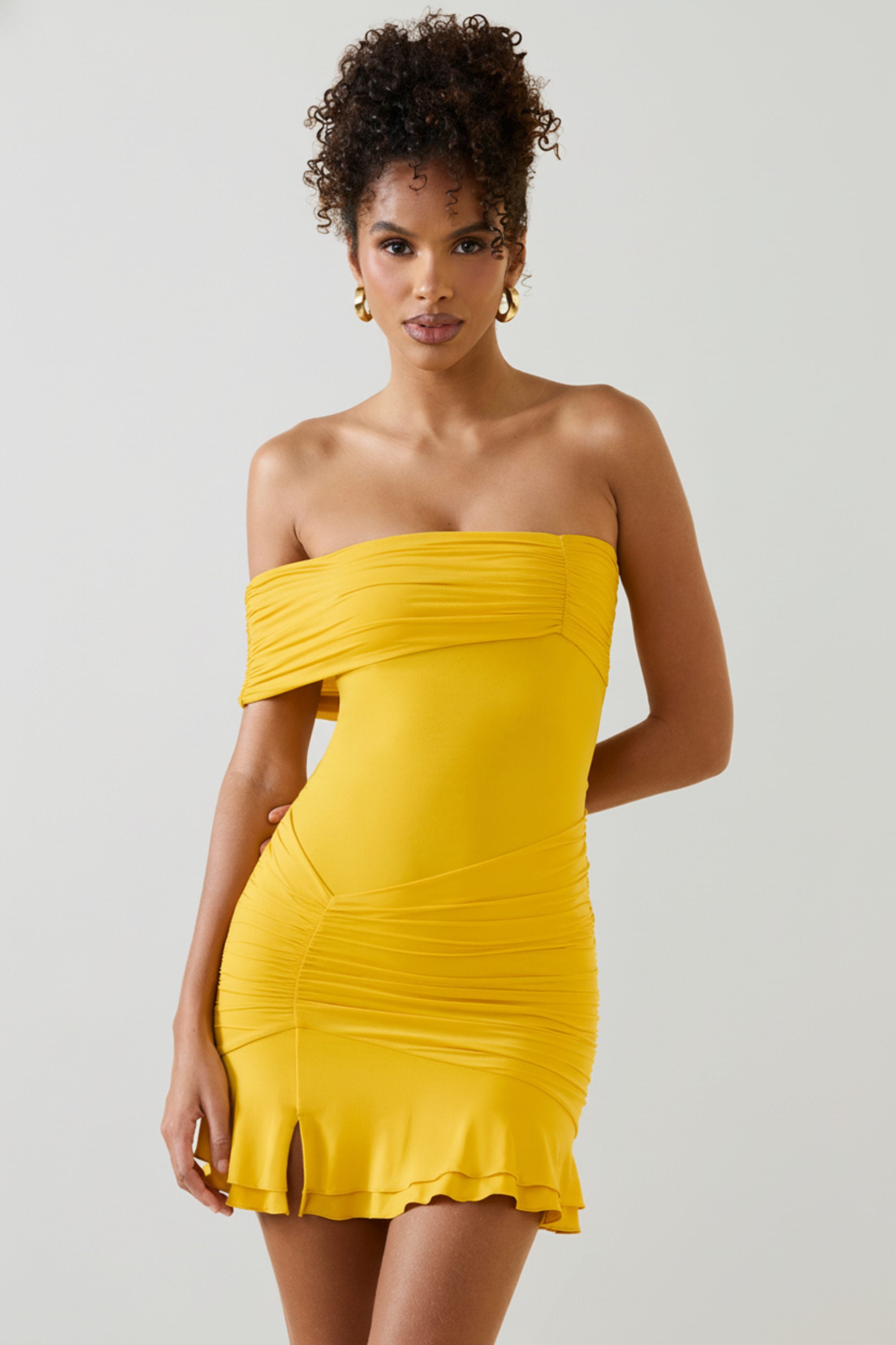 Arielle Asymmetric Ruched One-Shoulder Mini Dress in Golden Yellow | Oh ...