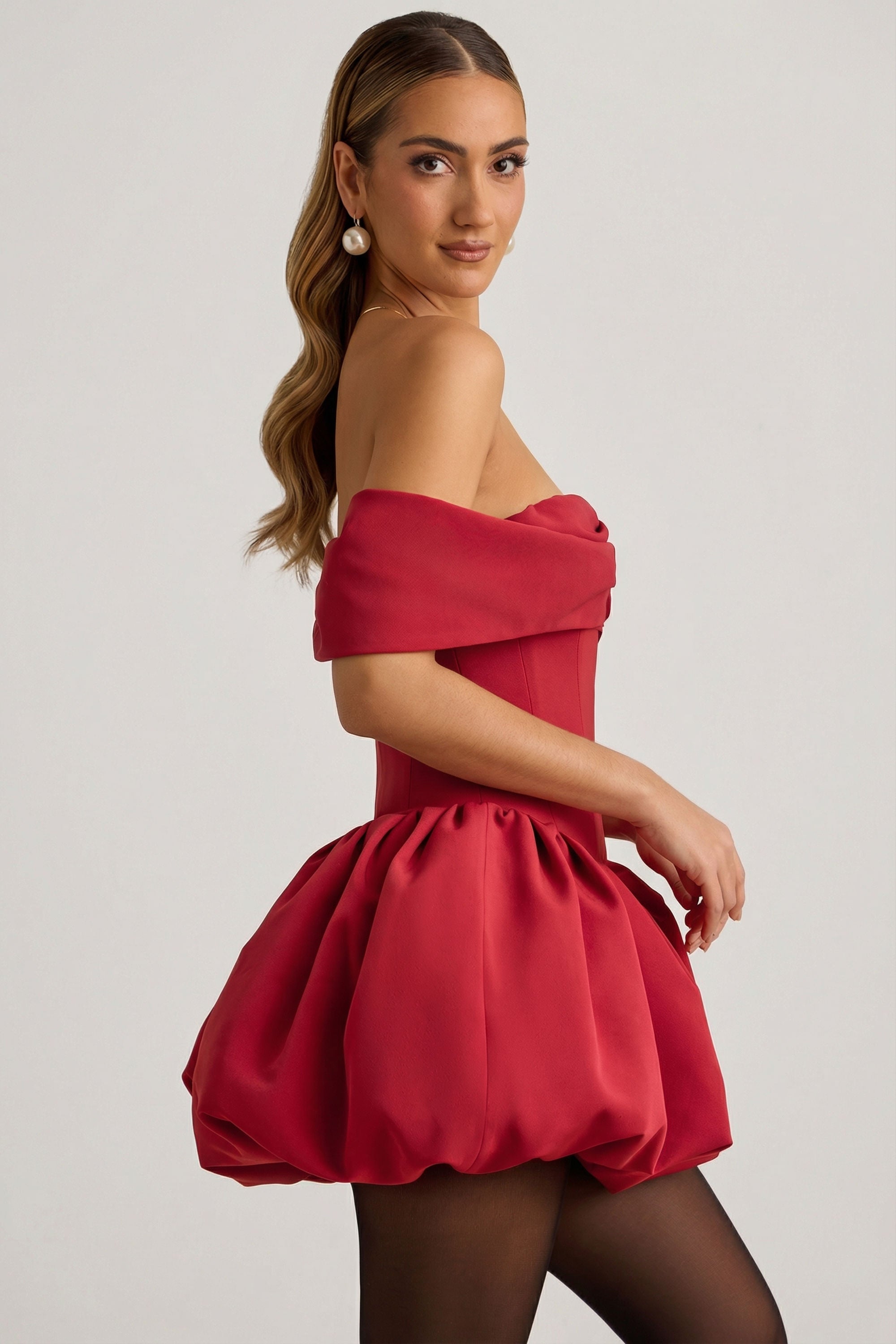 Jessamy Off-Shoulder Layered Bubble Hem Corset Mini Dress in True Red ...