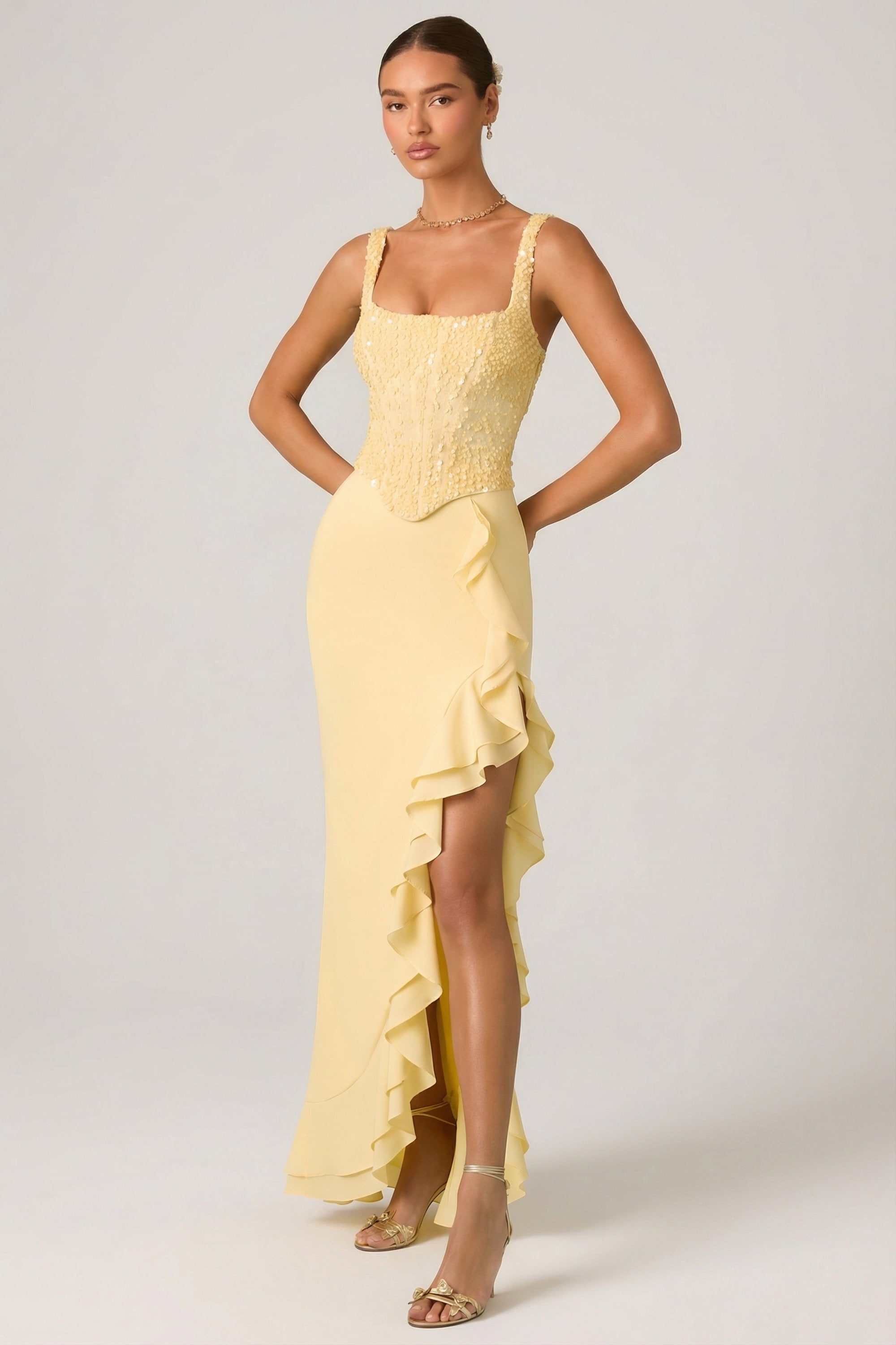 Robina Embellished Ruffle-Trim Corset Gown in Yellow | Oh Polly