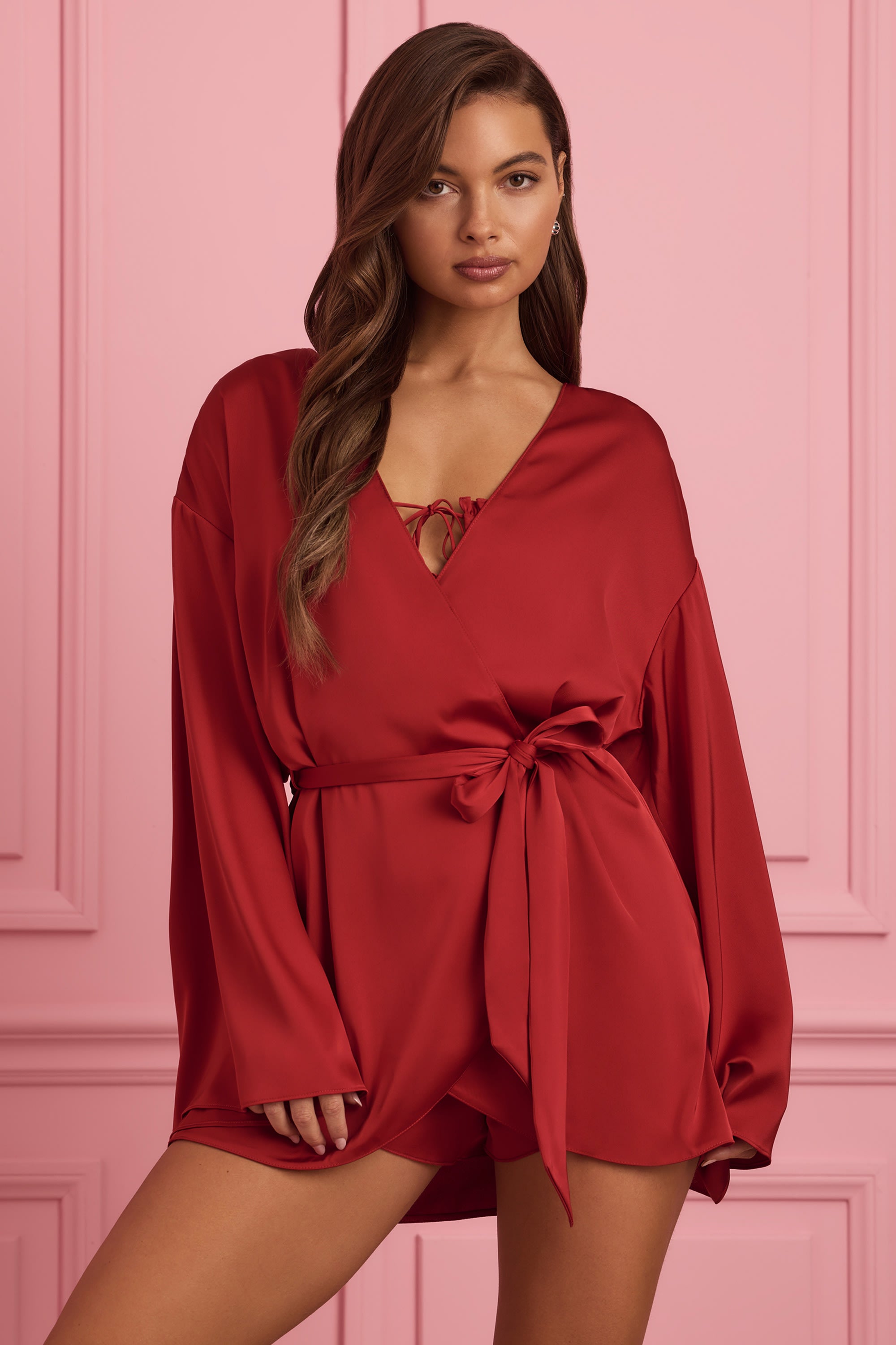 Reina Embellished Wrap-Over Robe in Ruby Red | Oh Polly