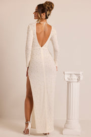 Vienna Embellished Long Sleeve Backless Maxi Dress in White | Oh Polly